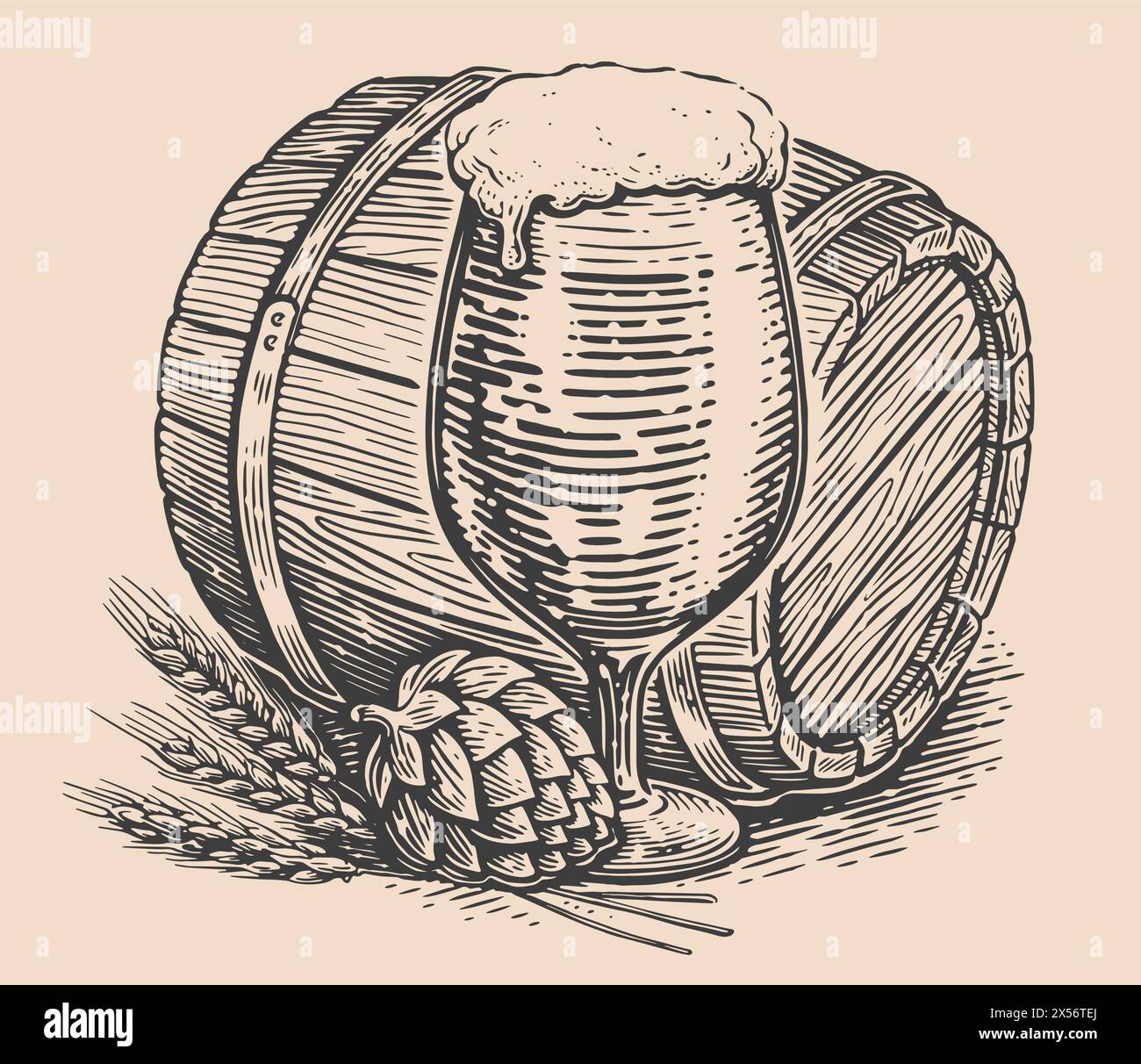 Still life of glass of beer, wooden barrel. Brewery, pub concept ...