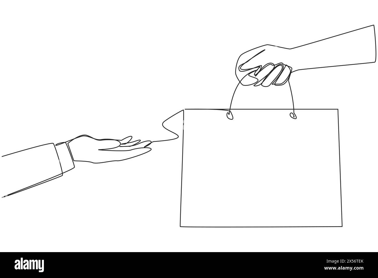 Continuous one line drawing of hand giving paper bag. Eco-friendly ...