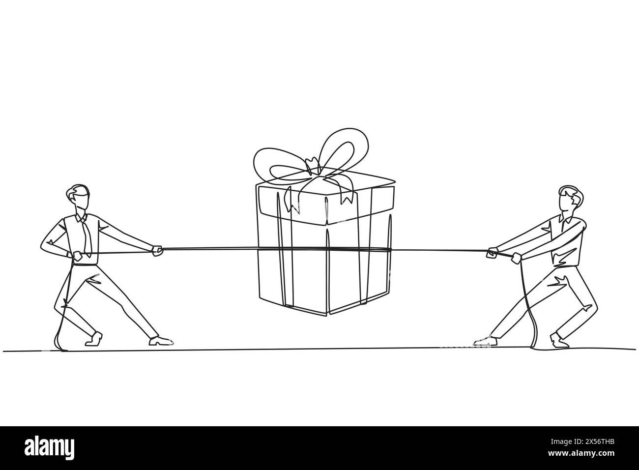 Single continuous line drawing two businessmen fighting over a gift box ...