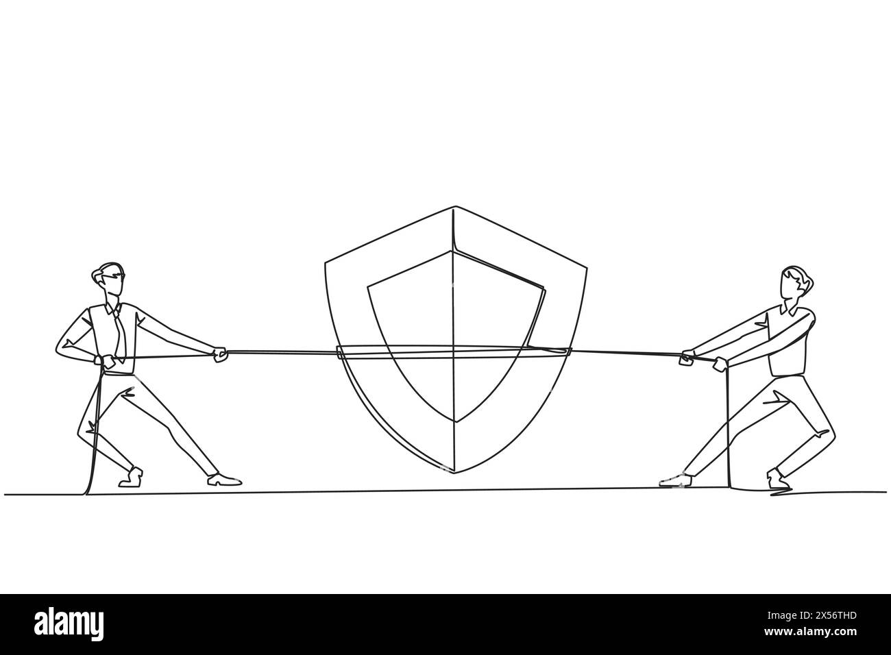 Continuous one line drawing two businessmen fighting over shield ...