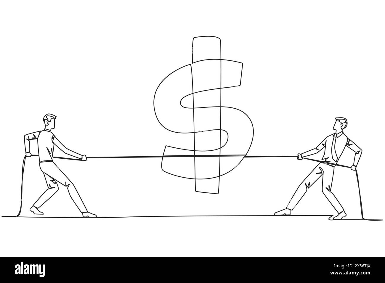 Continuous one line drawing two businessmen fighting over dollar symbol ...