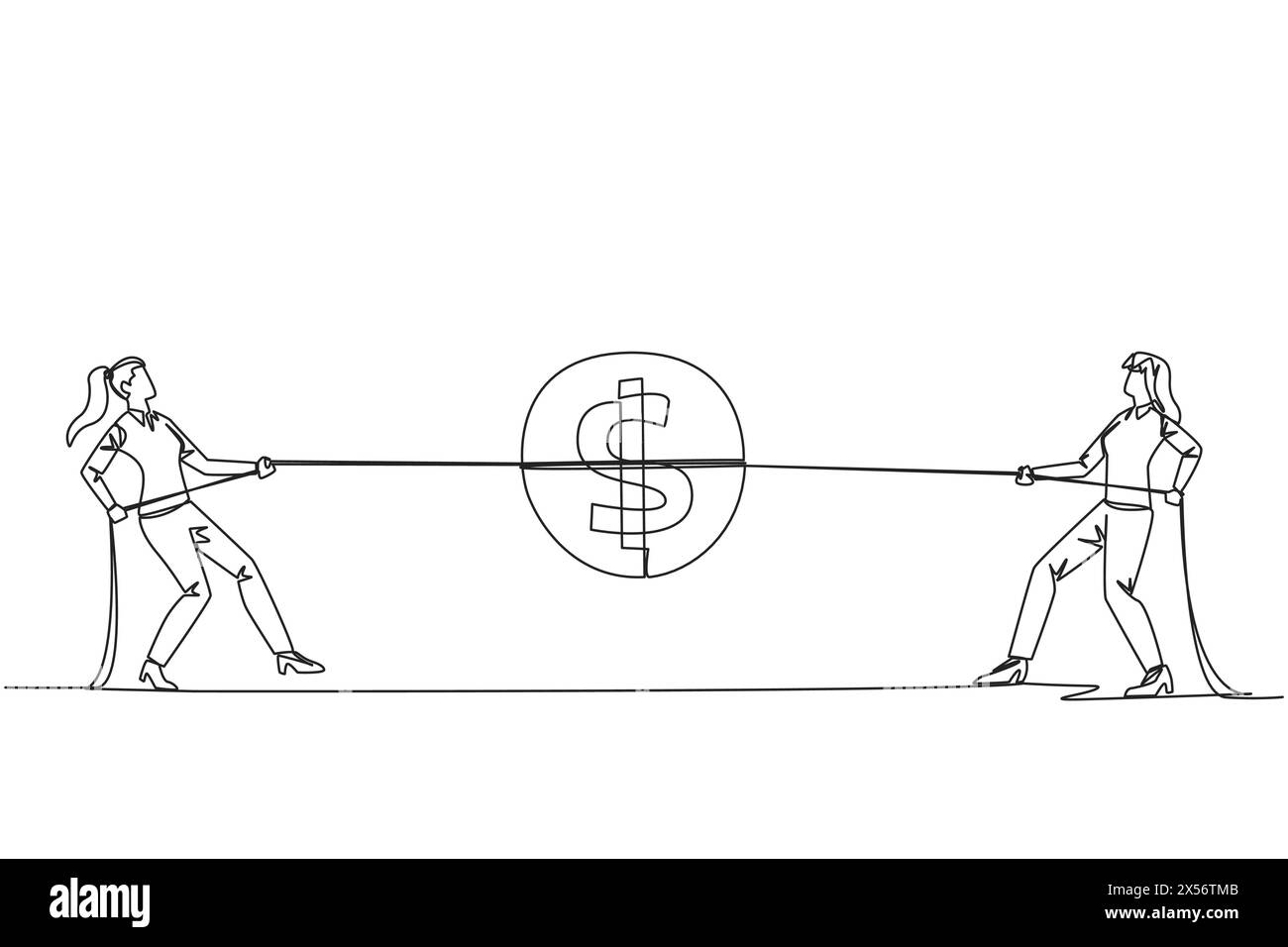 Single one line drawing two businesswomen fighting over a coin with a ...