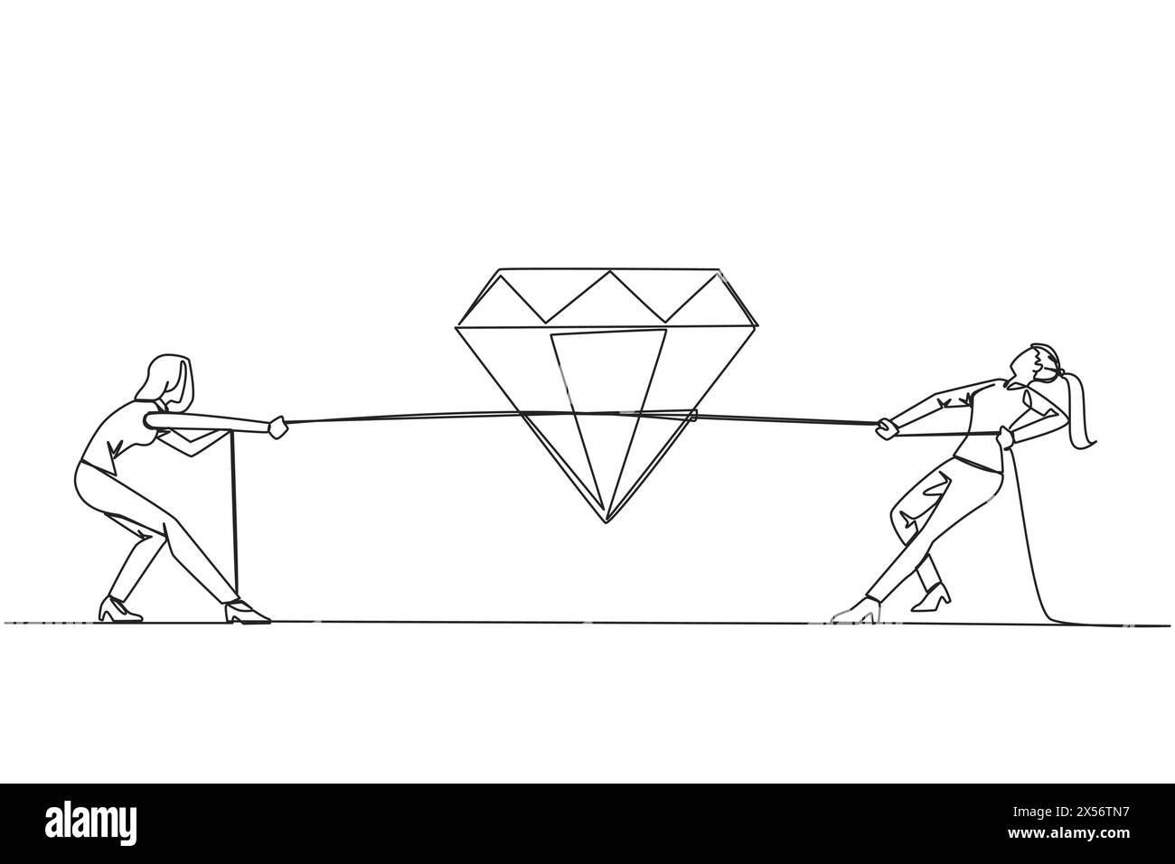 Single one line drawing two businesswomen fighting over diamond ...