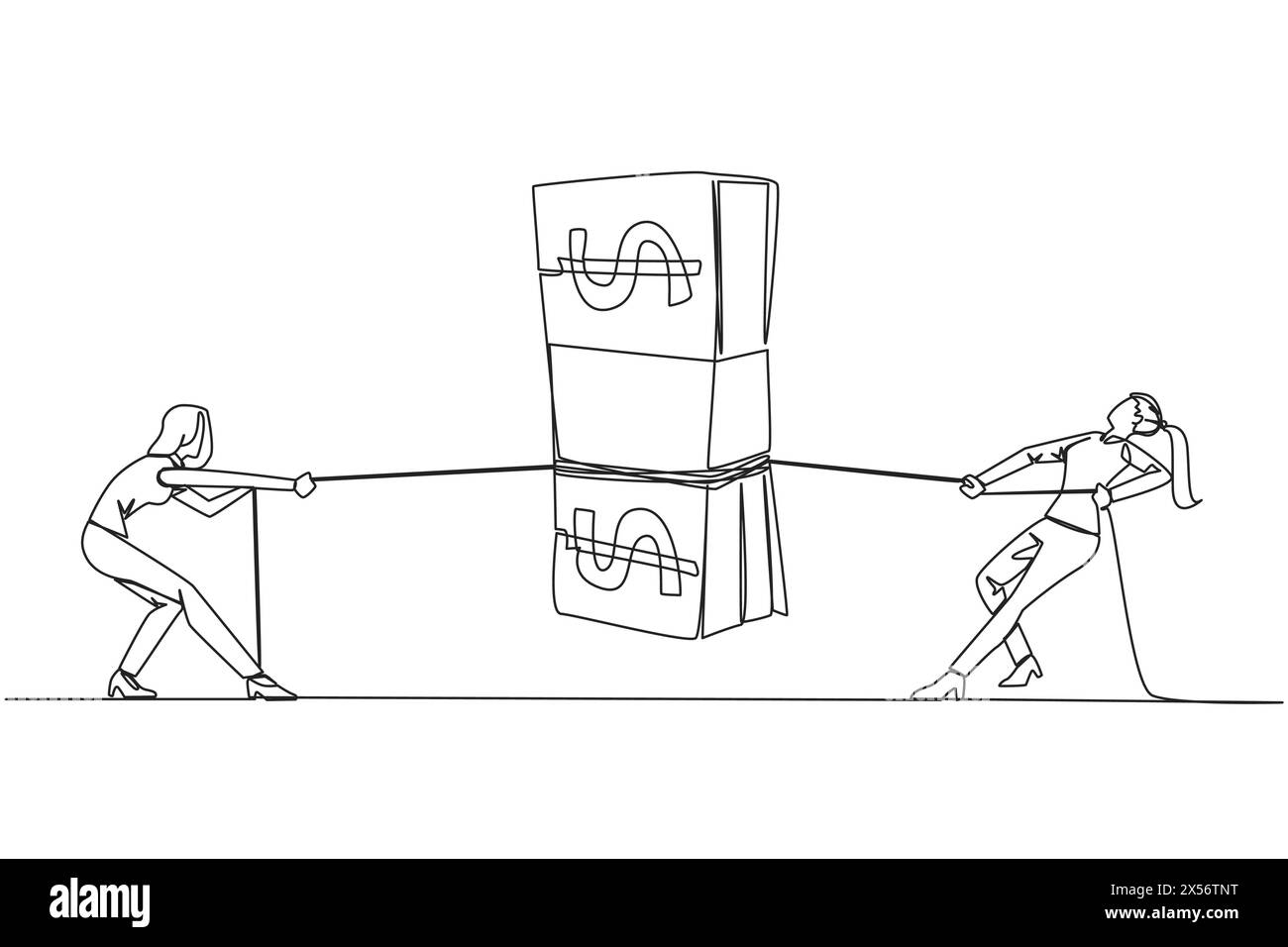 Single one line drawing two businesswomen fighting over banknotes ...