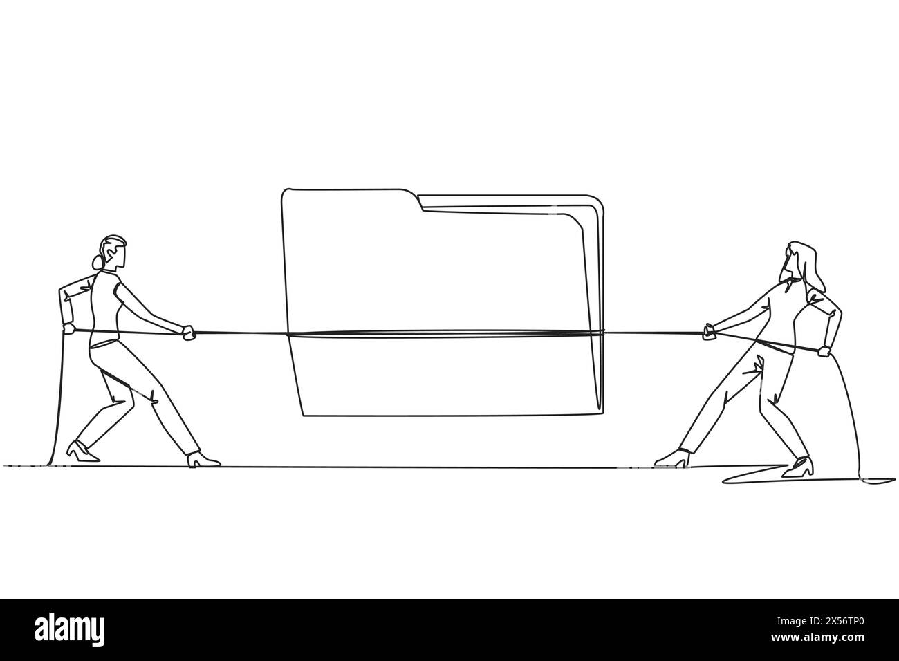 Continuous one line drawing two businesswomen fighting over document ...