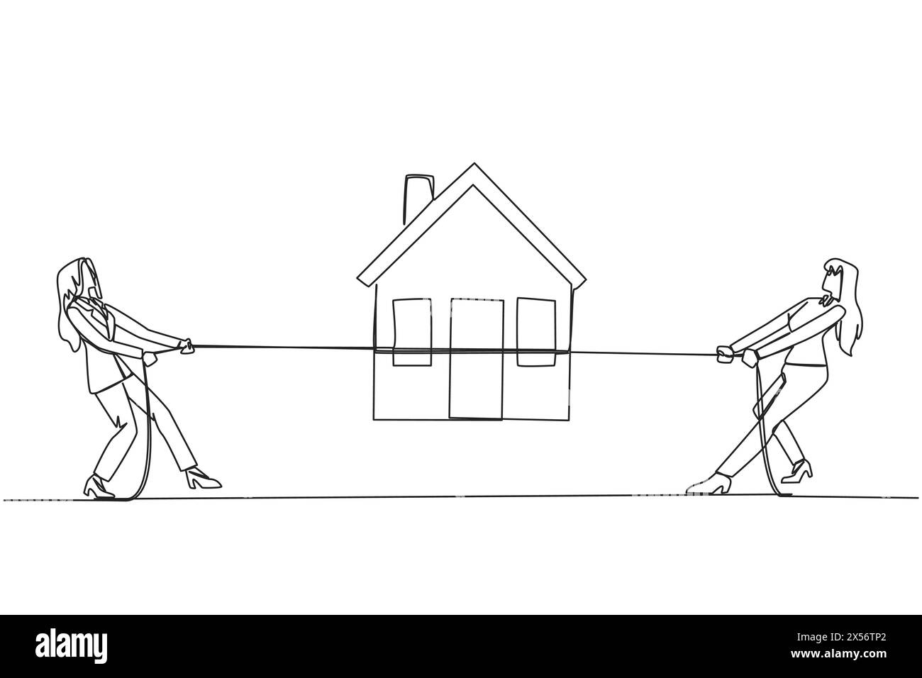 Continuous one line drawing two businesswomen fight over miniature ...