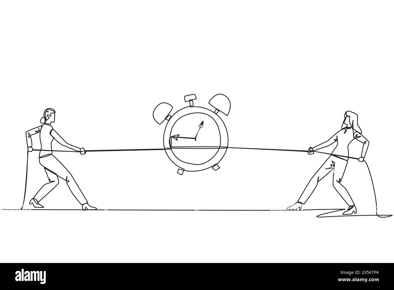 Single continuous line drawing two businesswomen fighting over an alarm ...