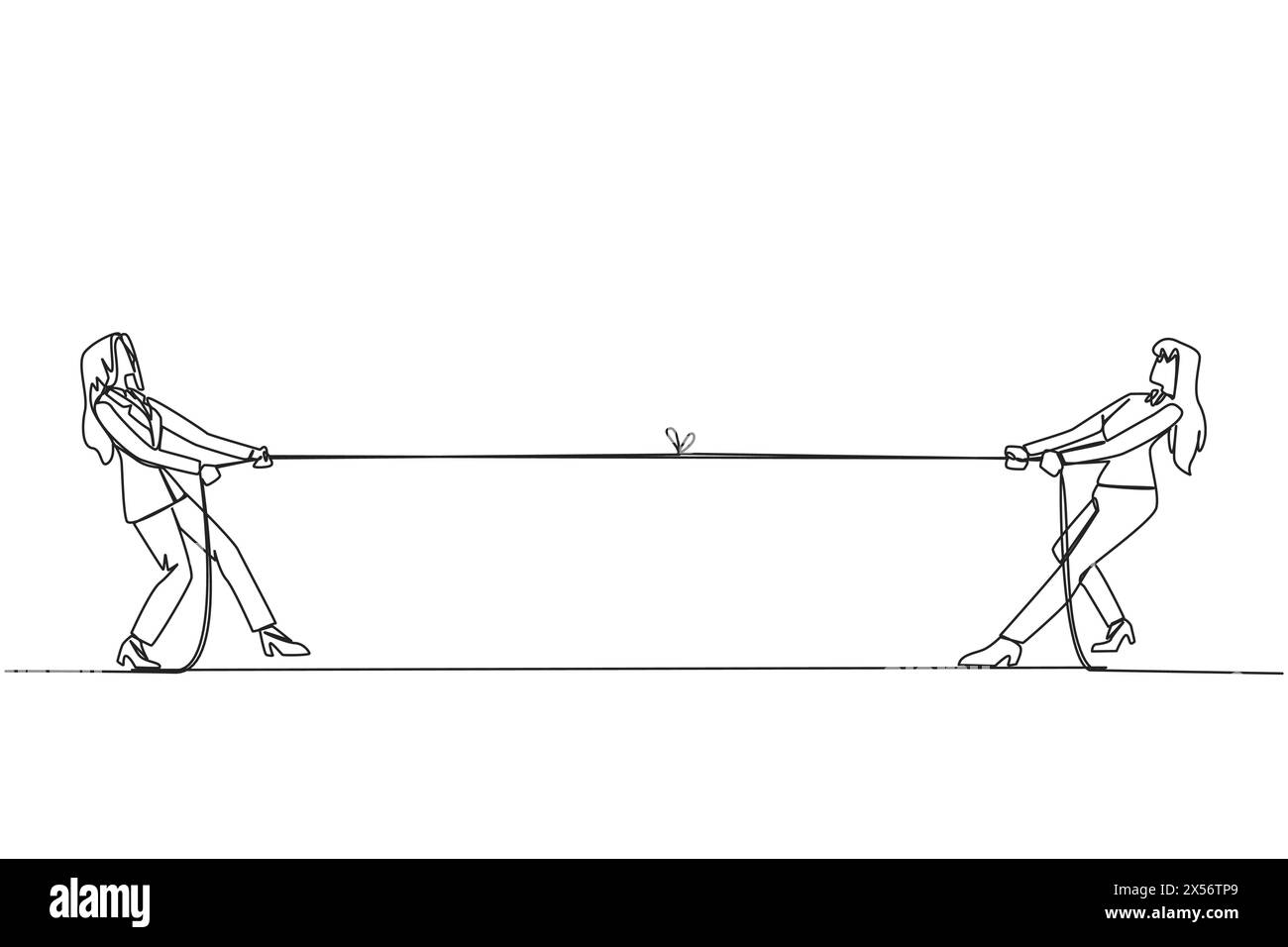 Continuous one line drawing two businesswomen pulling each other's rope ...