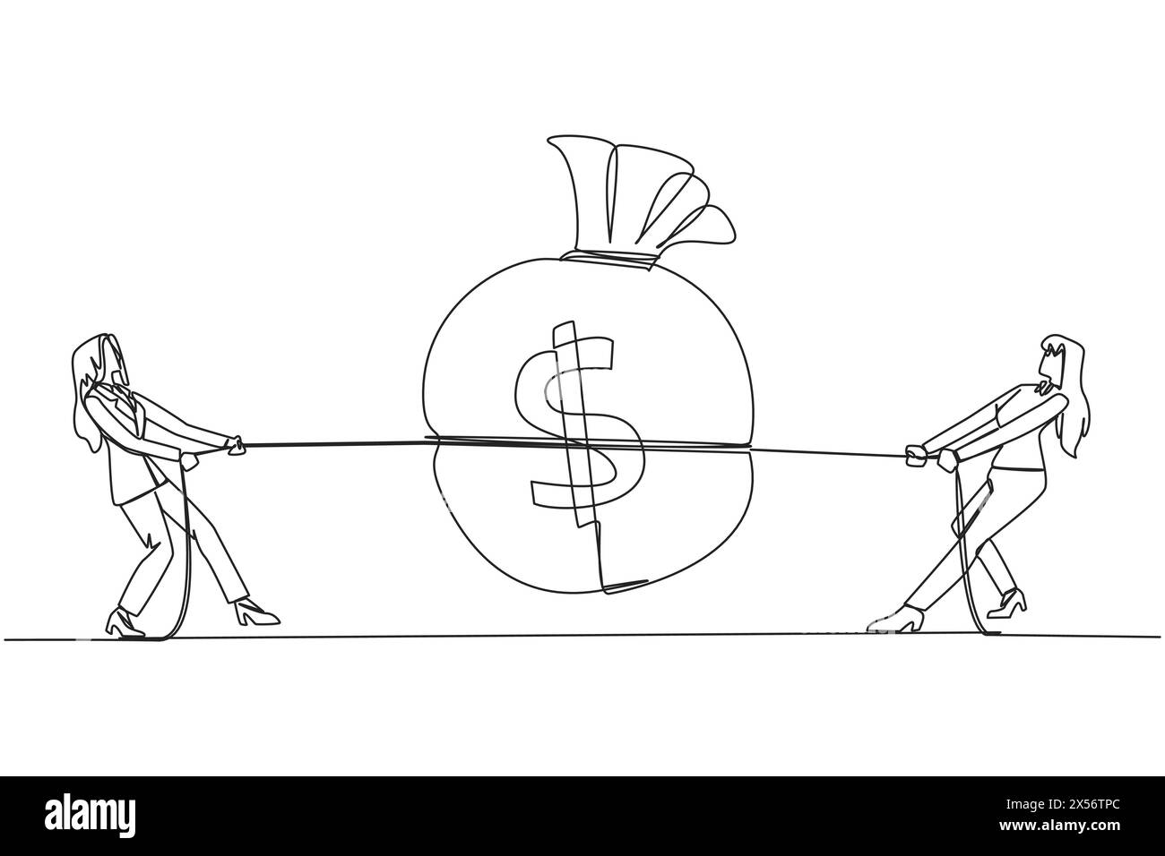 Single continuous line drawing two businesswomen fighting over a money ...