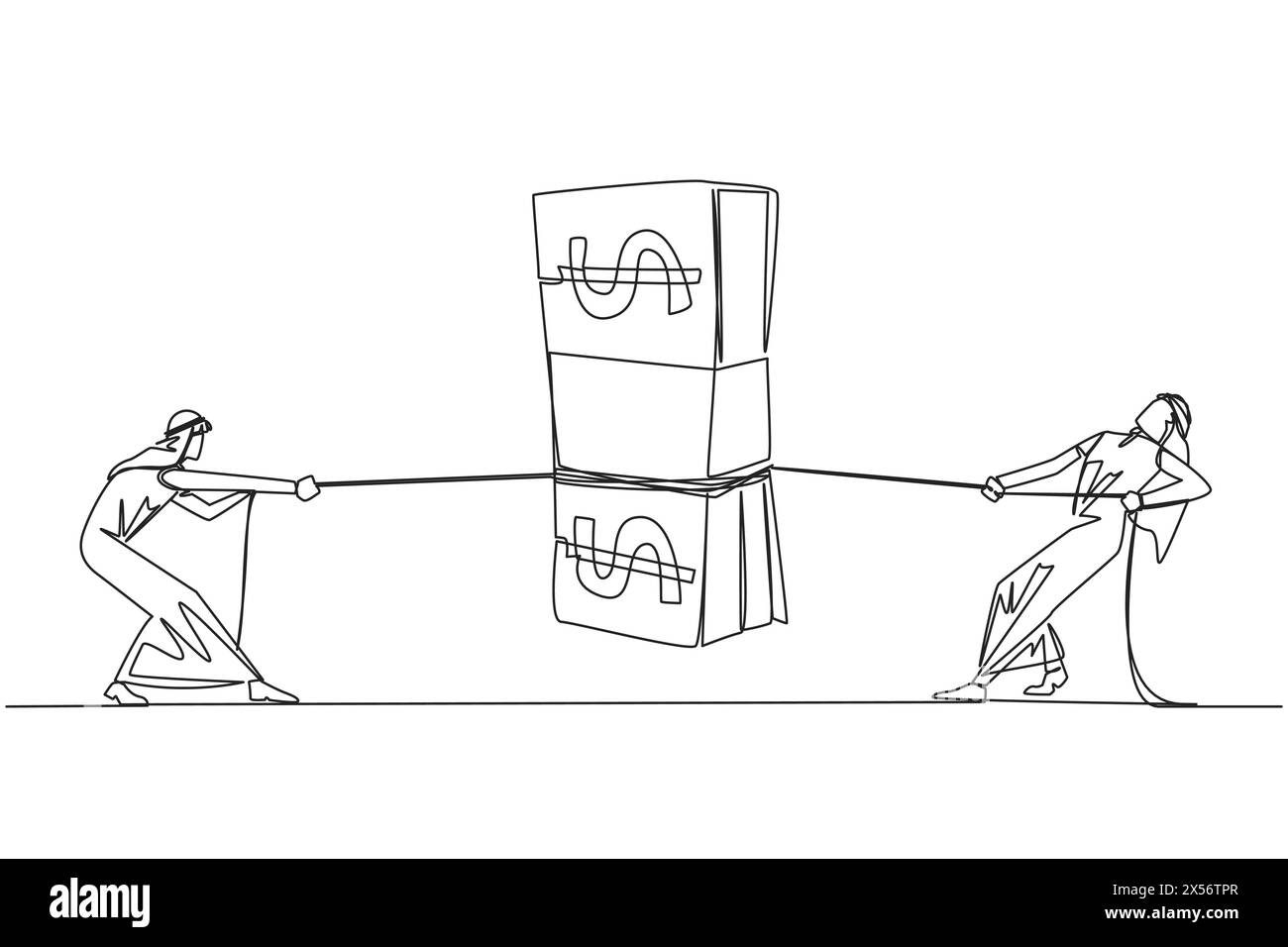 Single continuous line drawing two Arabian businessmen fighting over ...