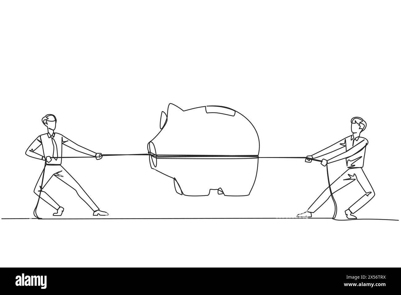 Continuous one line drawing two businessmen fighting over a piggy bank ...