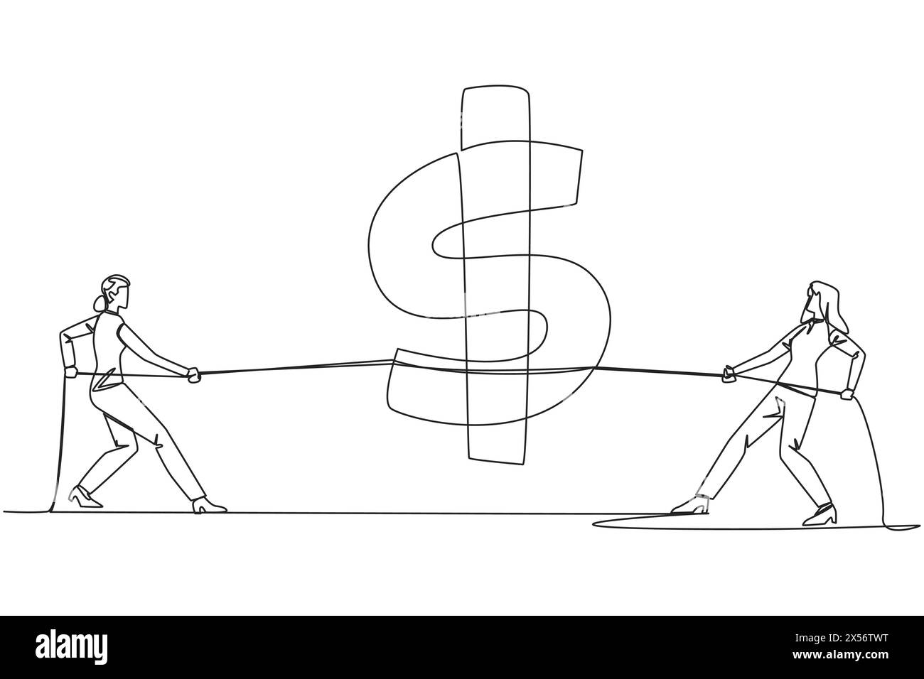 Single continuous line drawing two businesswomen fighting over dollar ...