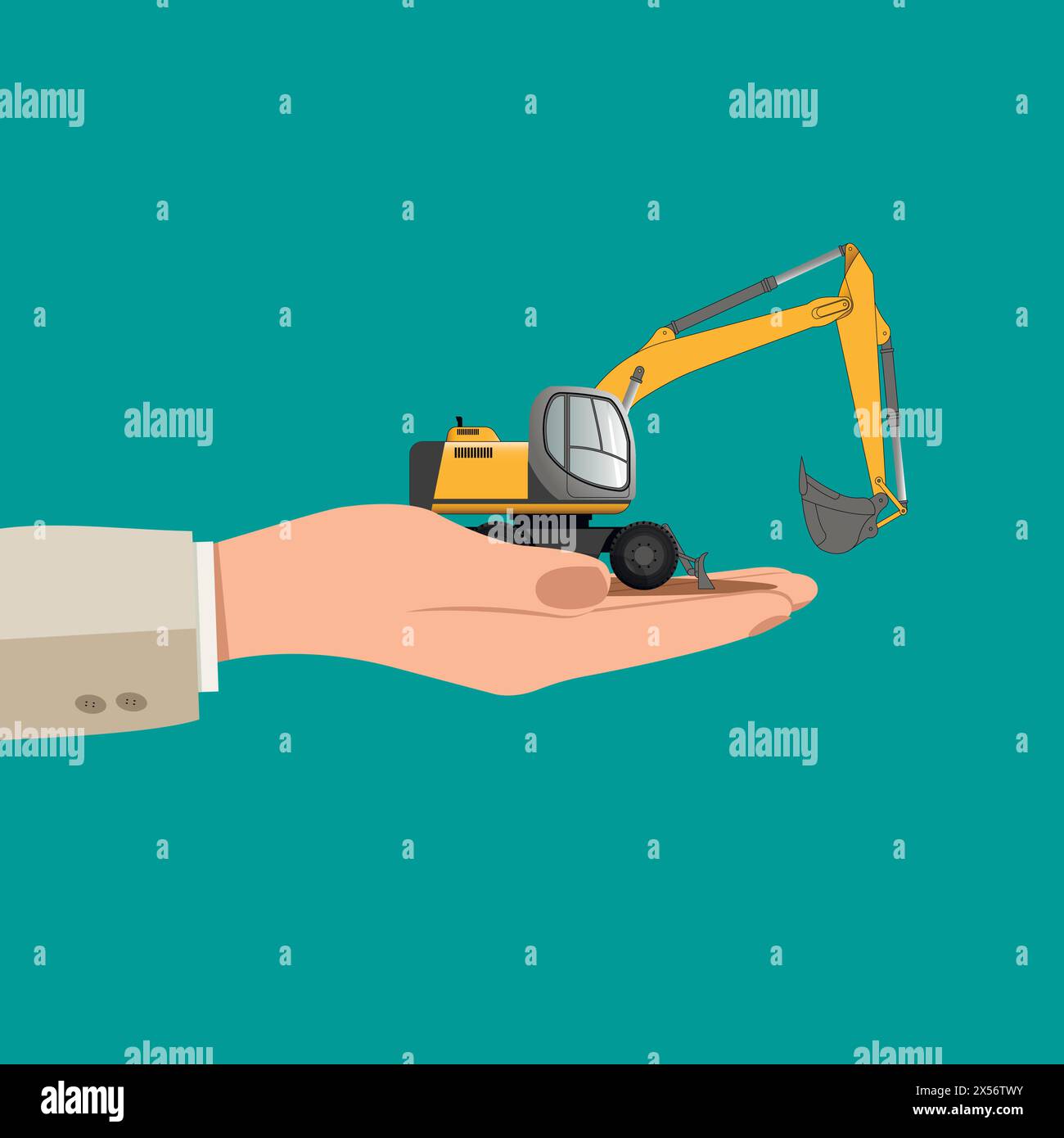 A hand holds a construction excavator. Equipment rental concept. Vector ...