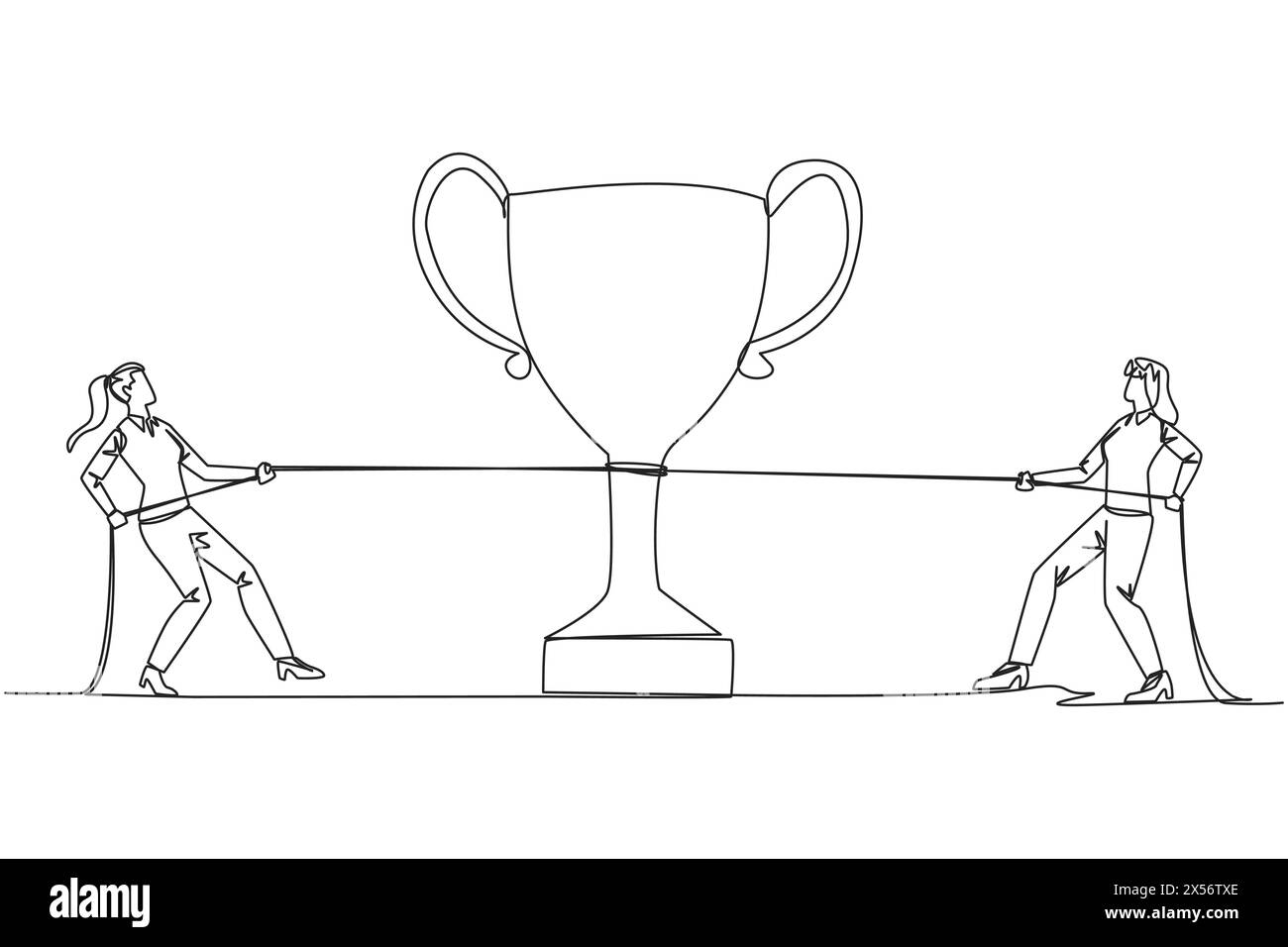 Single one line drawing two businesswomen fighting for a trophy. Strive ...