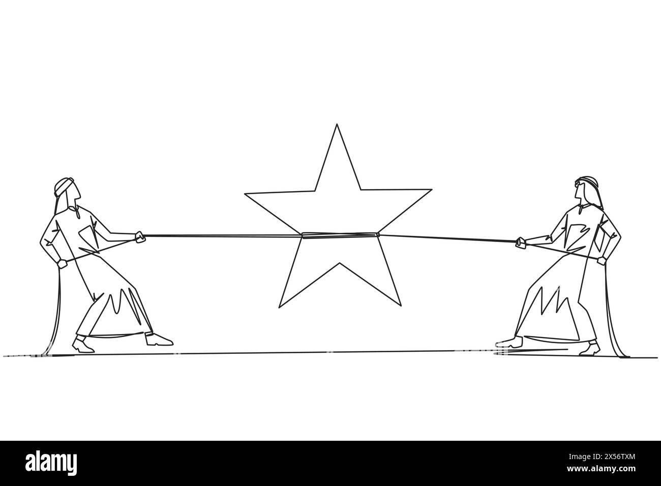 Continuous one line drawing two Arabian businessmen fighting for a star ...