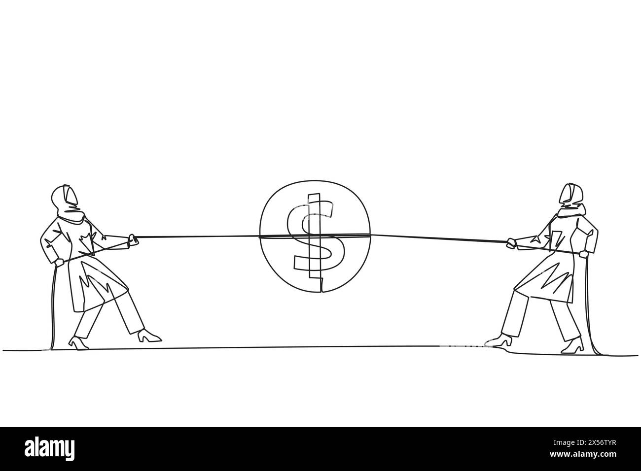 Single continuous line drawing two Arabian businesswomen fighting over ...