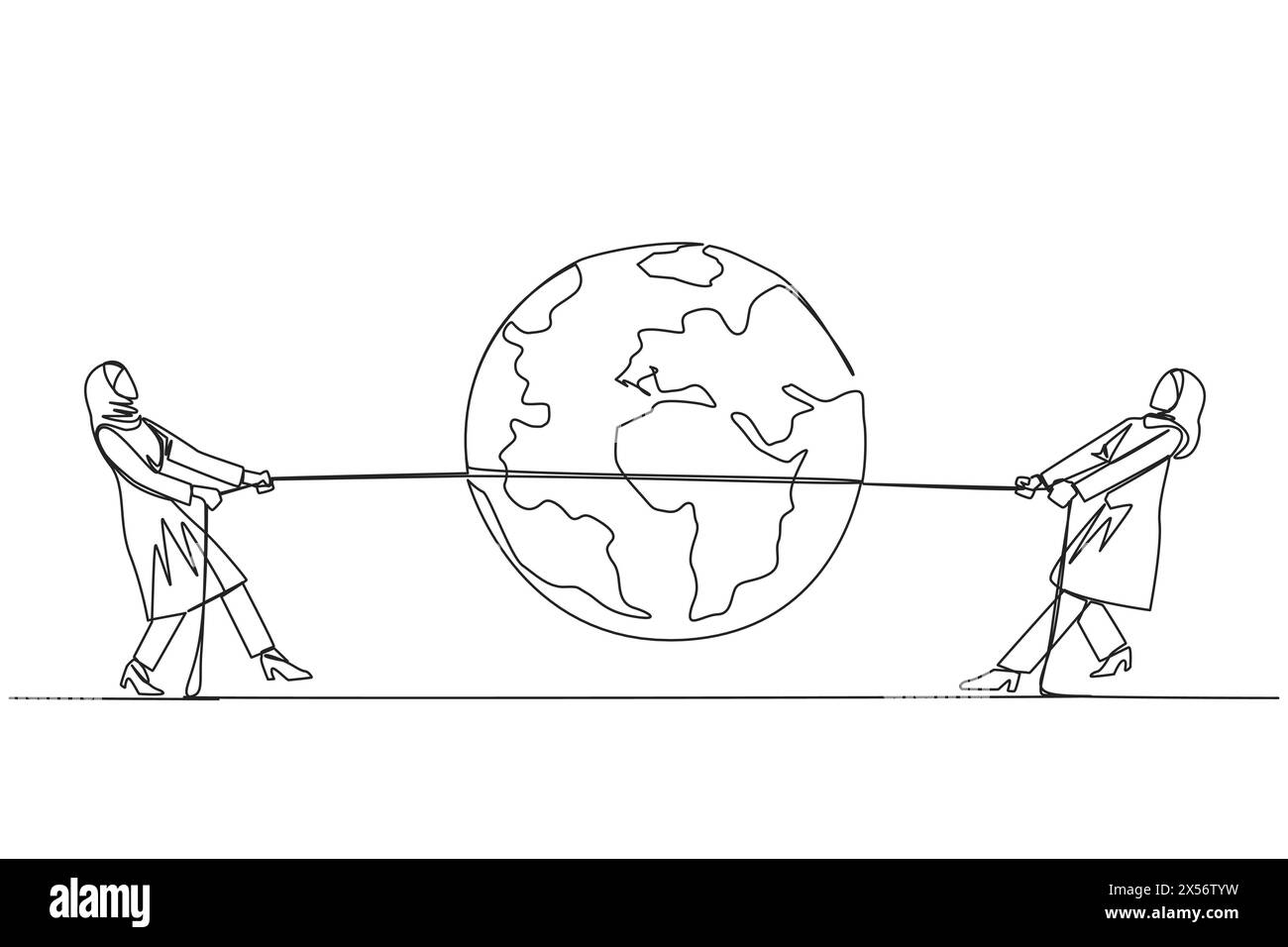 Continuous one line drawing two Arabian businesswomen fighting over ...