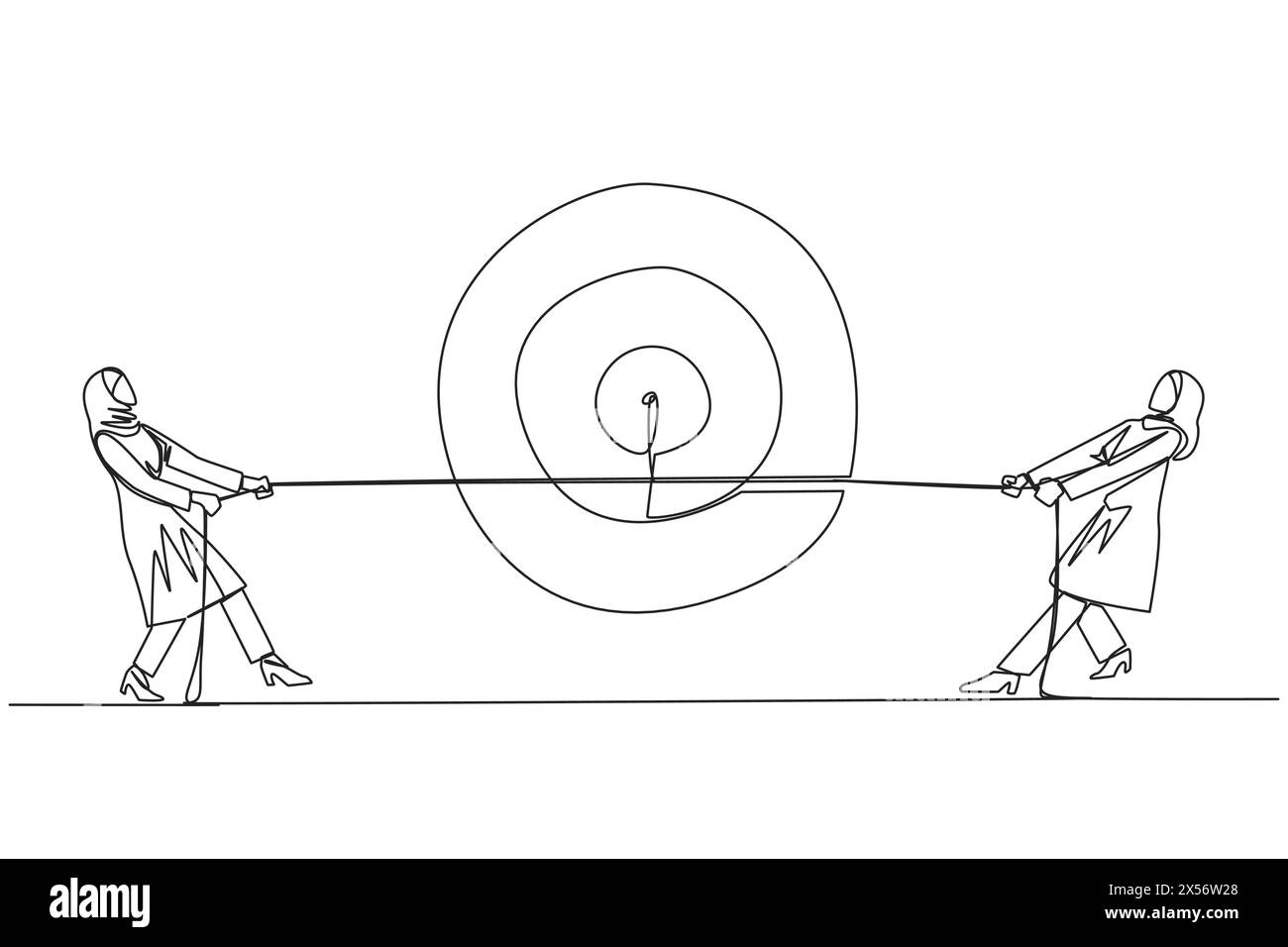 Continuous one line drawing two Arabian businesswomen fighting over ...