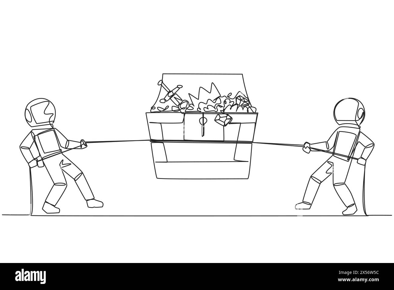 Single one line drawing two astronauts fight over an open treasure chest. Compete for the ...