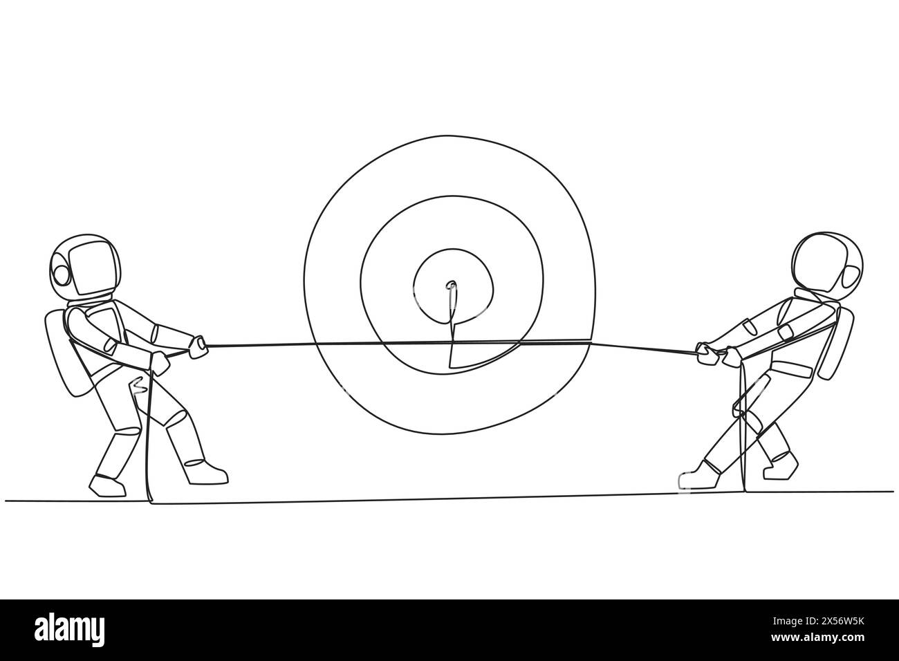 Continuous one line drawing two astronaut fighting over arrow target board. Fierce battle to ...