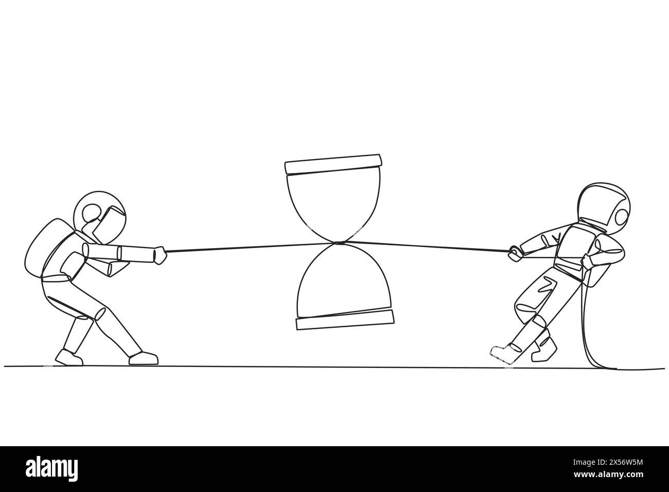 Continuous one line drawing two astronauts fighting over hourglass ...