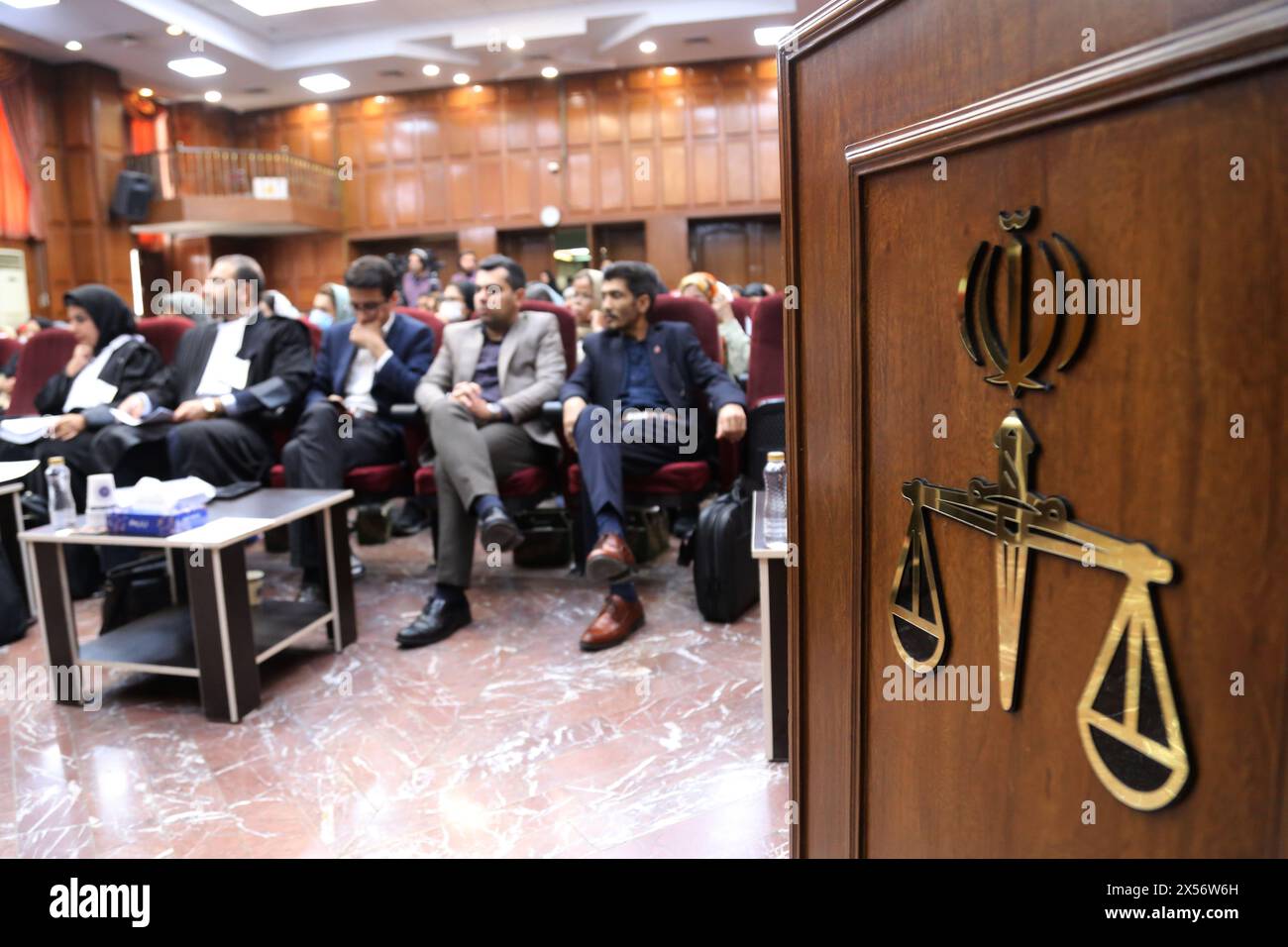 Tehran, Iran. 7th May, 2024. A view of Iran's judiciary system logo (R ...