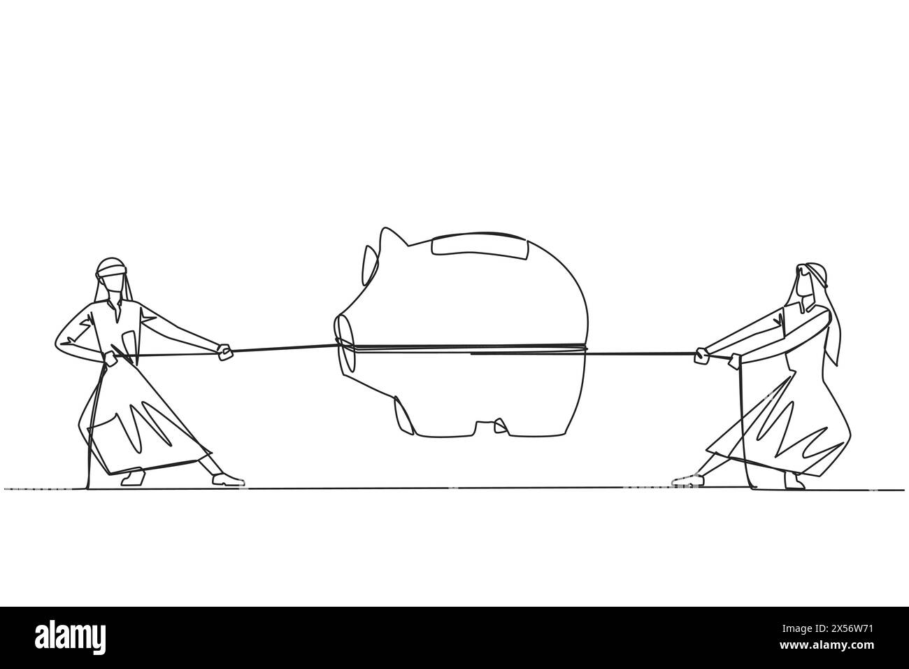 Single one line drawing two Arabian businessmen fighting over a piggy ...