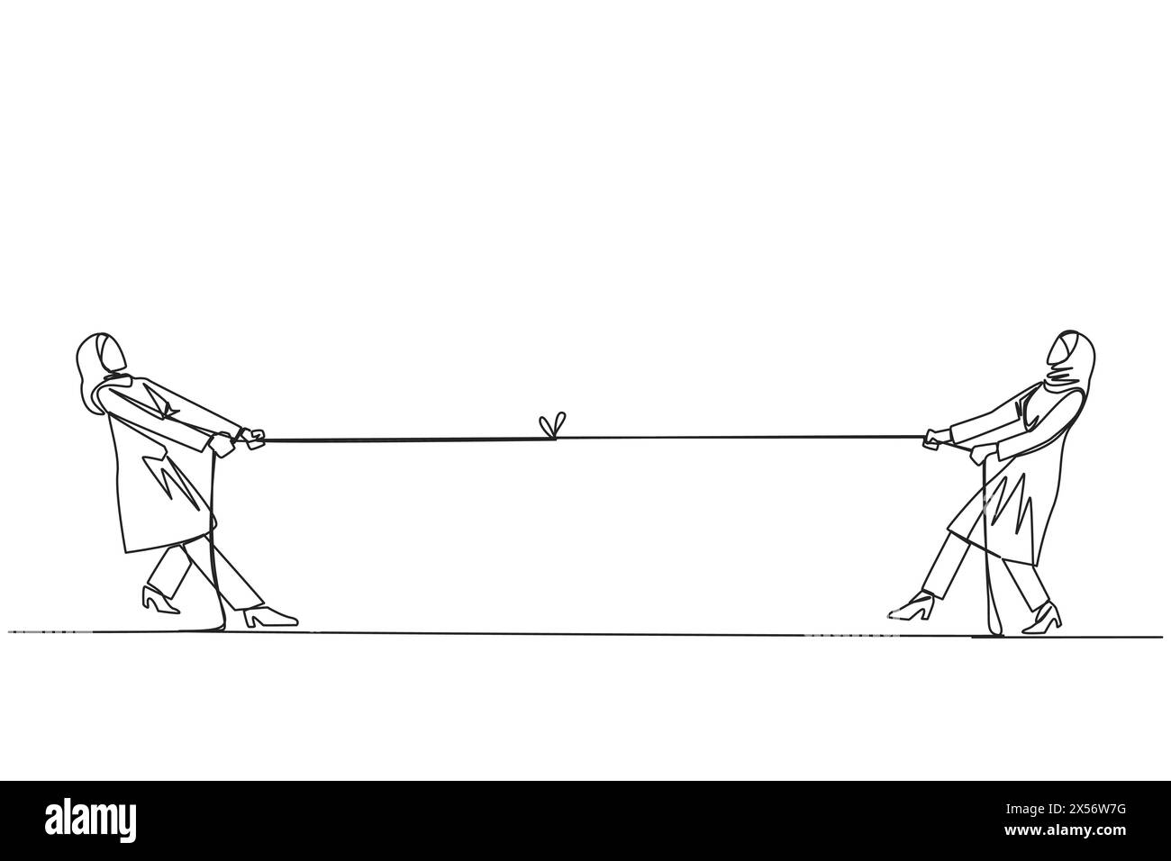 Single continuous line drawing two Arabian businesswomen pulling each ...