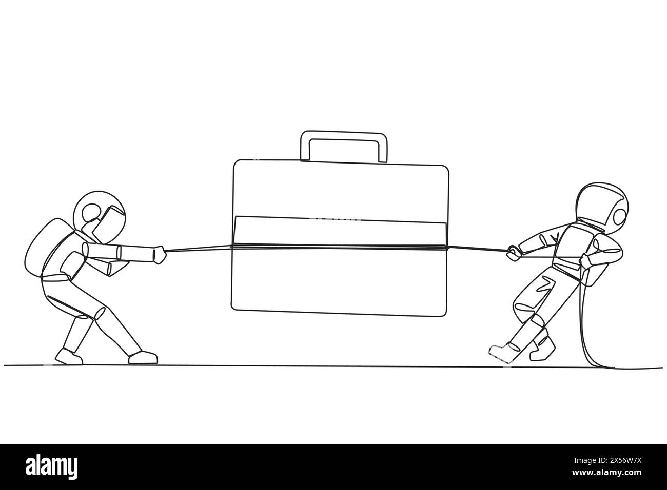 Single one line drawing two astronauts fighting over briefcase. Fighting for quotas for ...