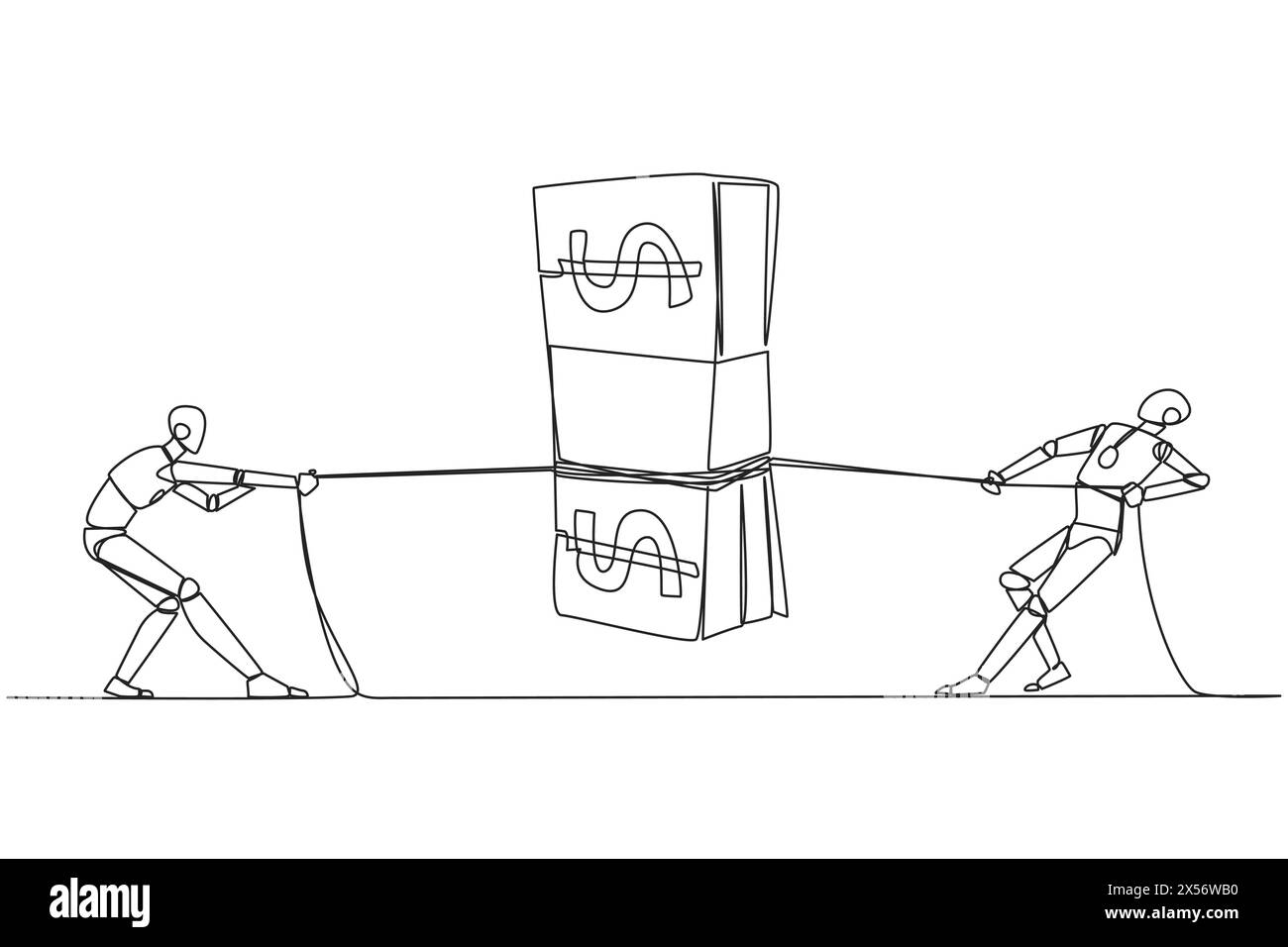 Single continuous line drawing two smart robot fighting over banknotes ...