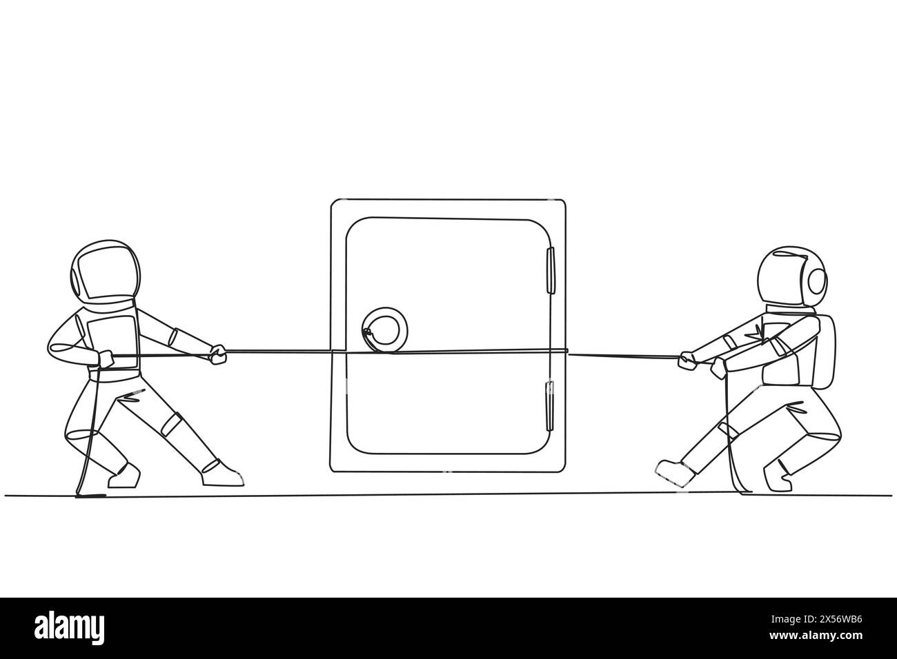 Single continuous line drawing two astronauts fighting over a safe deposit box. Fierce ...