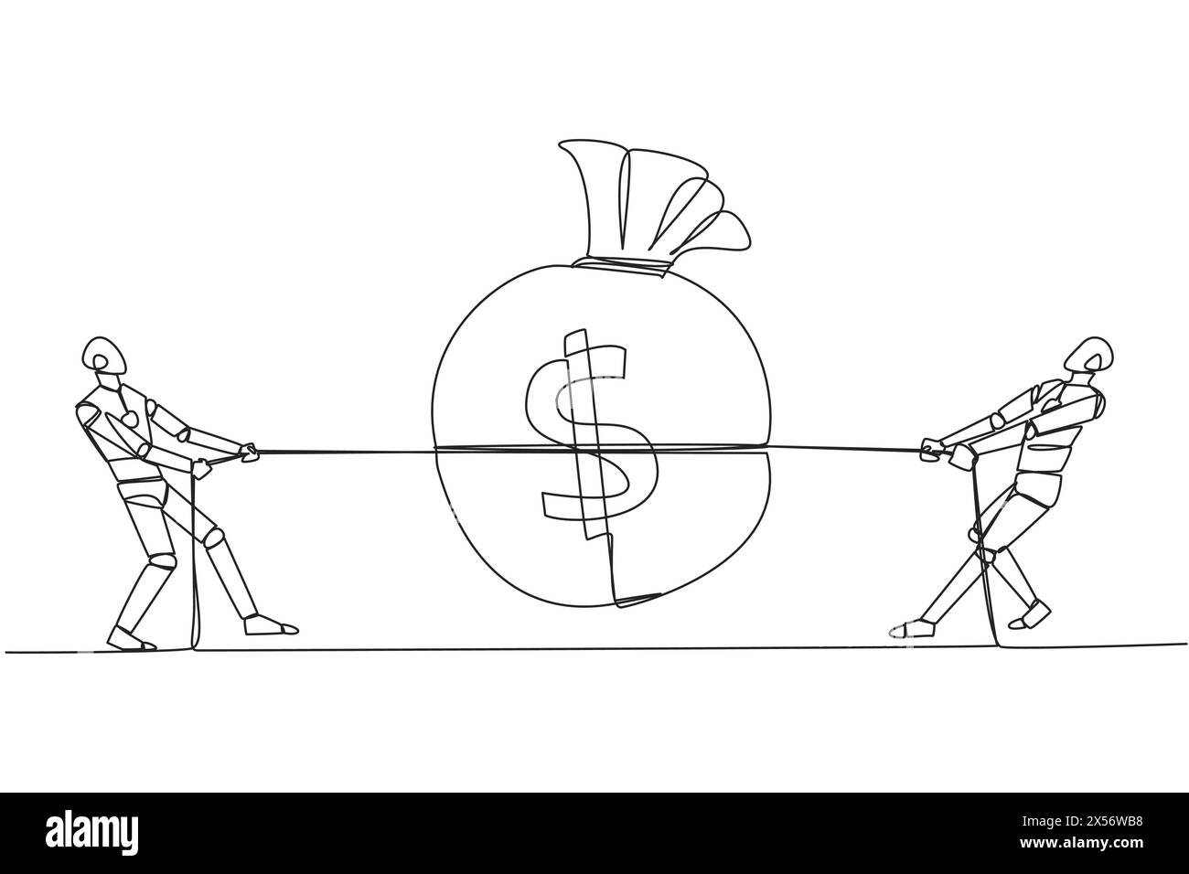 Single continuous line drawing two robots fighting over a money bag ...