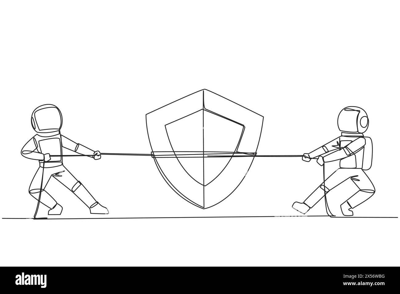 Single one line drawing two astronauts fighting over shield. Fierce ... Single one line drawing two astronauts fighting over shield. Fierce ...