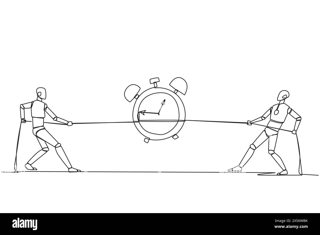 Continuous one line drawing two smart robots fighting over an alarm ...