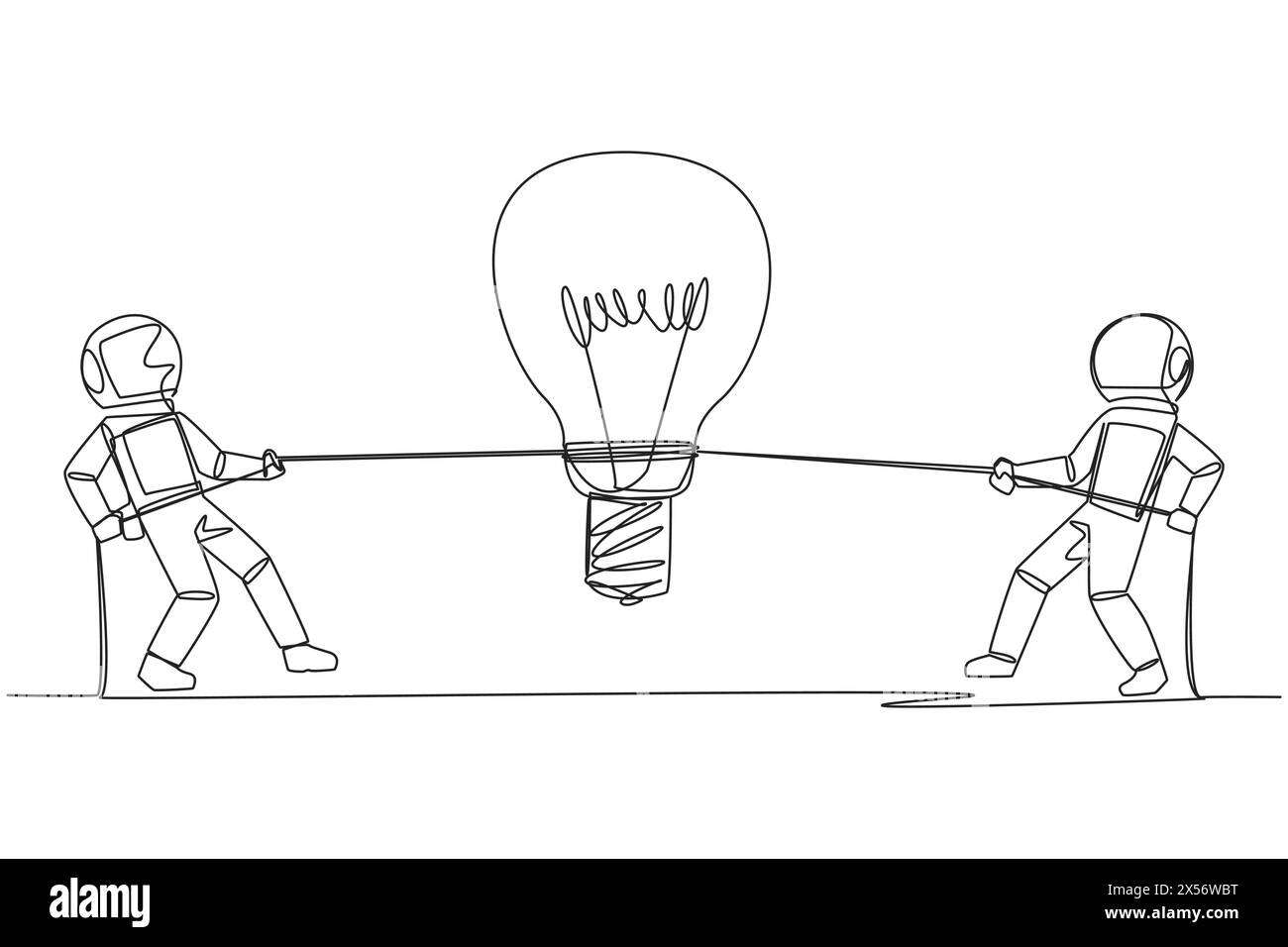 Single continuous line drawing two astronauts fighting over lightbulb. Compete to find solutions ...