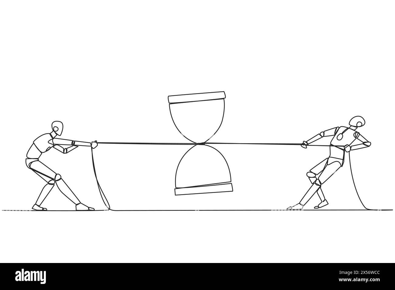 Single one line drawing two smart robots fighting over an hourglass ...