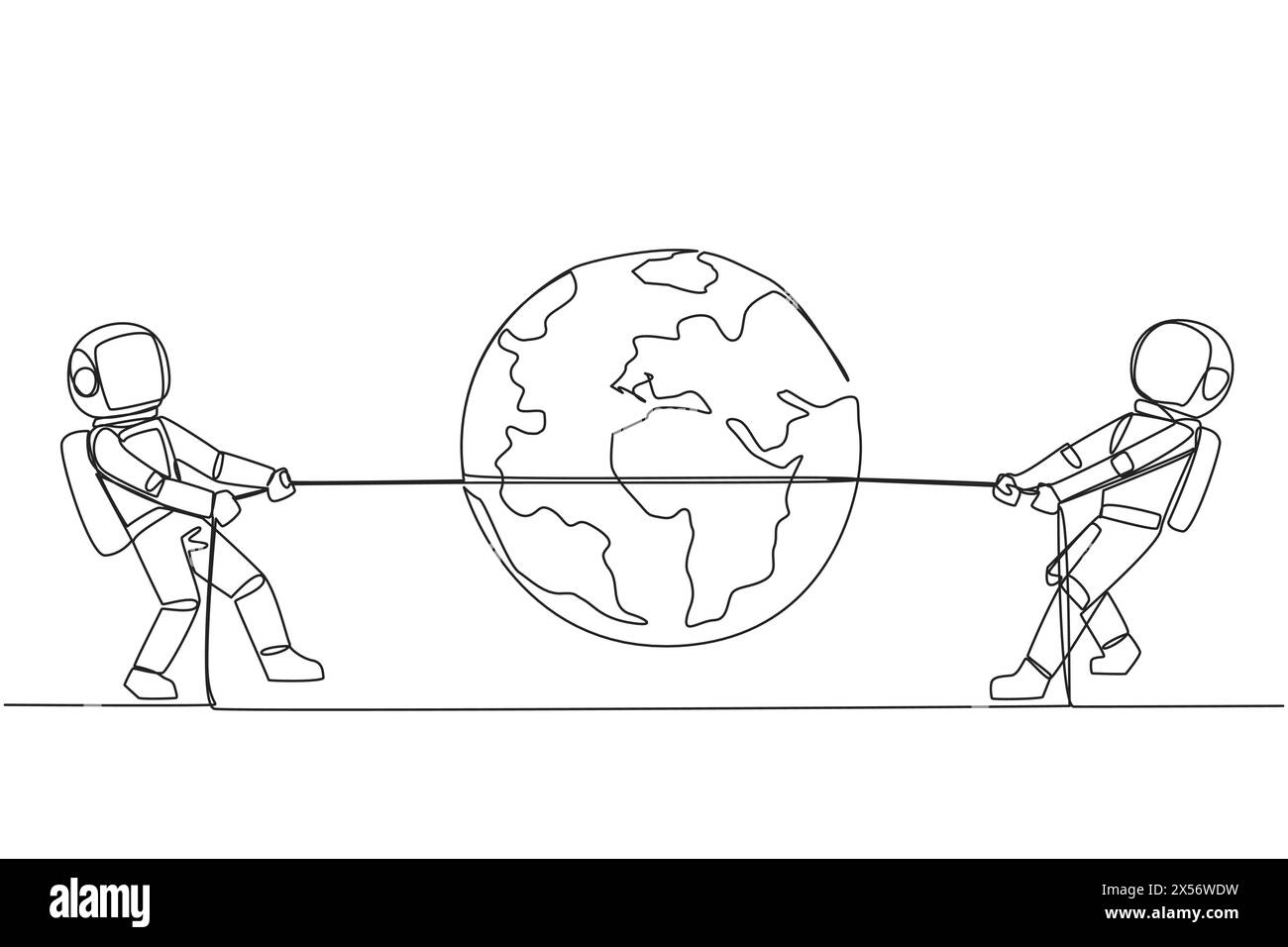 Single one line drawing two astronauts fighting over globe. Tight competition won the schedule ...