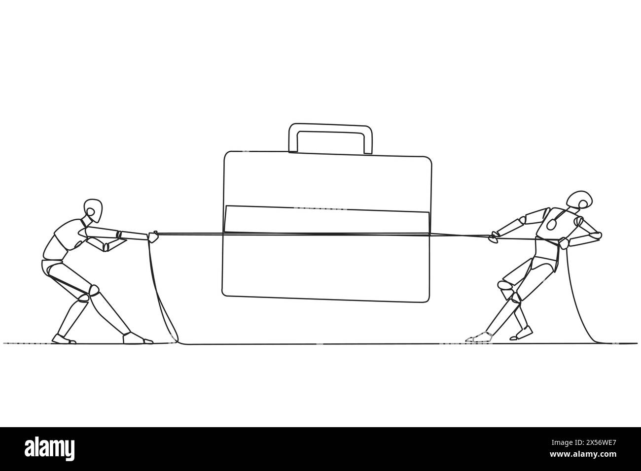 Single continuous line drawing two robots fighting over briefcase ...