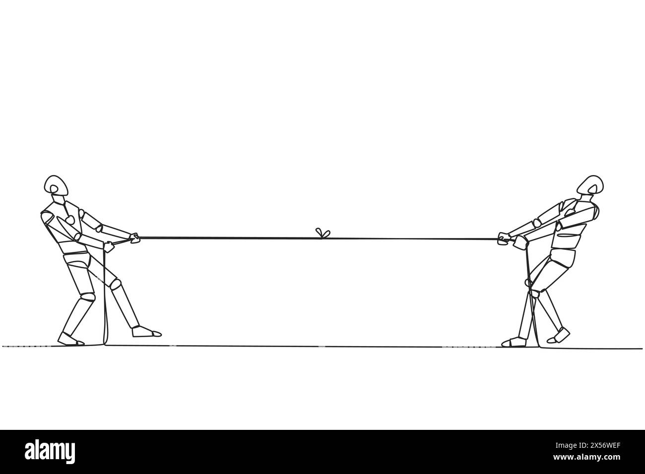 Single one line drawing two robots pulling each other's rope. Train ... Single one line drawing two robots pulling each other's rope. Train ...