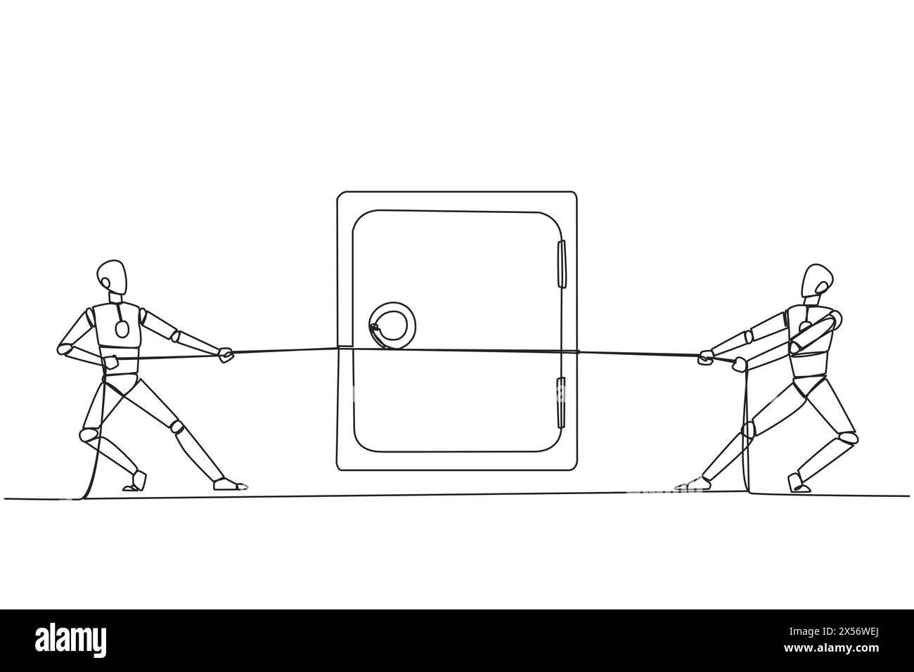 Single continuous line drawing two robots fighting over a safe deposit ...