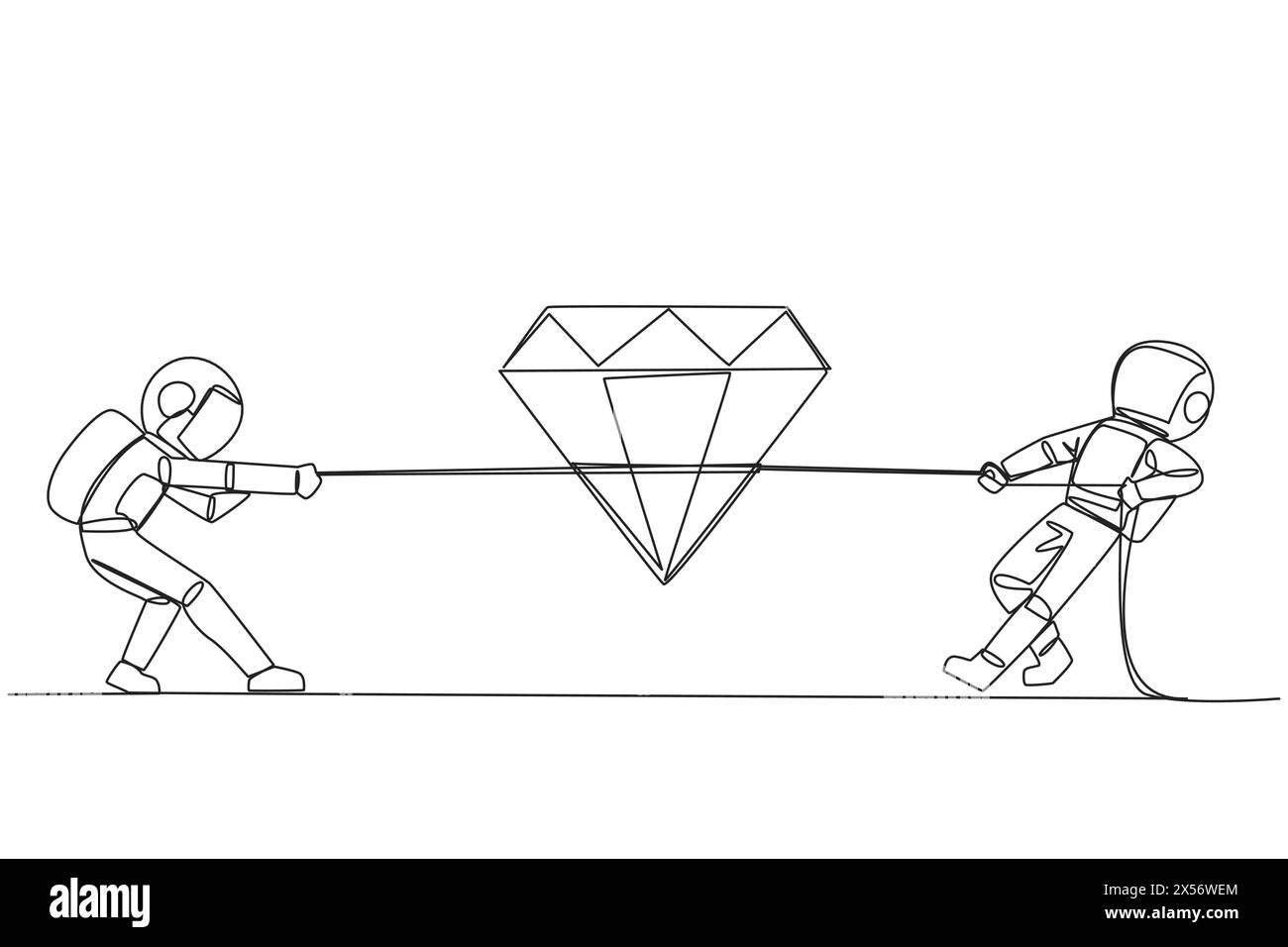 Continuous one line drawing two astronauts fighting over diamond. Fight for the expedition's ...