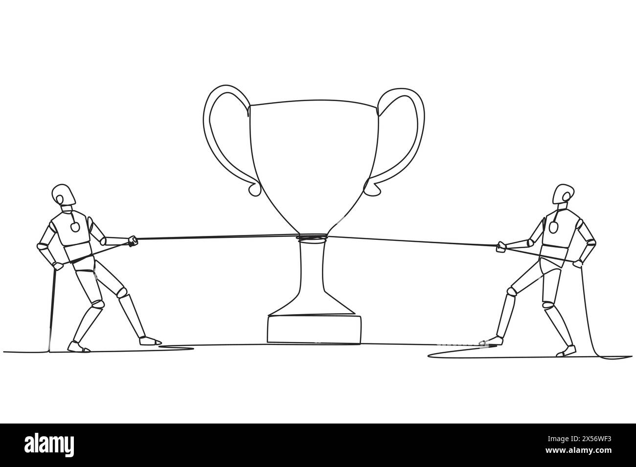 Continuous one line drawing two robots fighting for a trophy ...