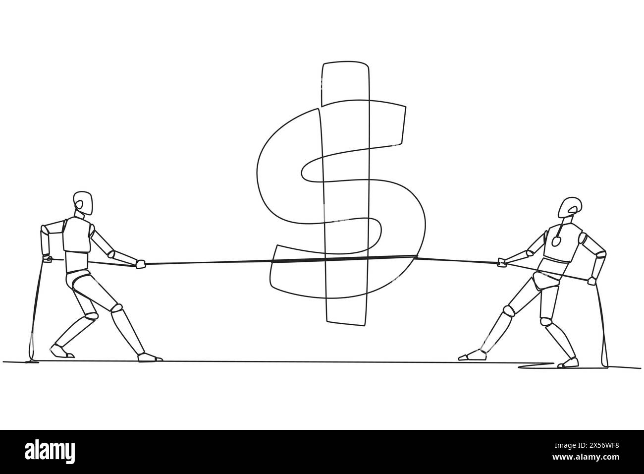 Single one line drawing two robots fighting over dollar symbol ...