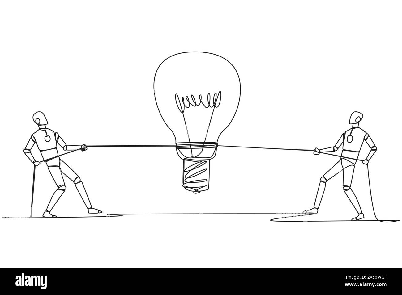 Continuous one line drawing two robots fighting over lightbulb. Fierce ...