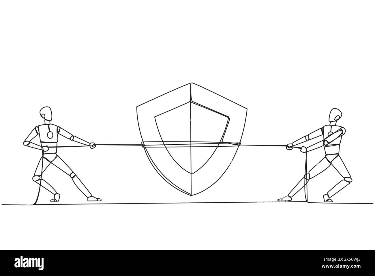 Continuous one line drawing two robots fighting over shield ...