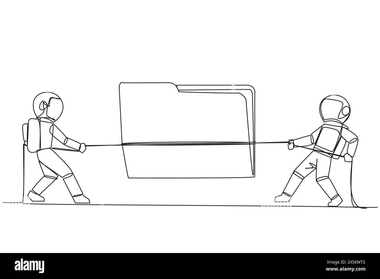 Continuous one line drawing two astronauts fighting over document ...