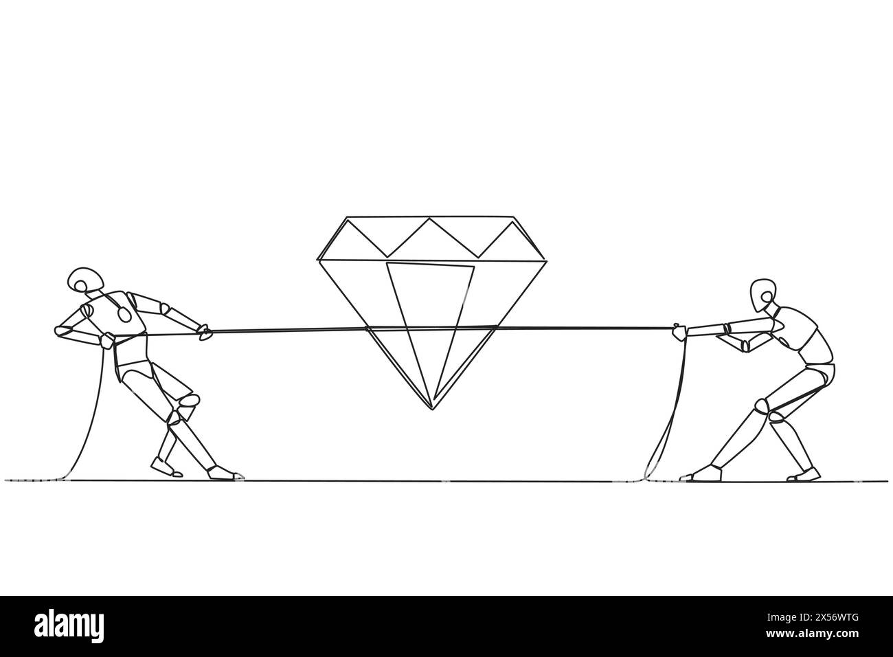 Single one line drawing two smart robots fighting over diamond. Fierce ...