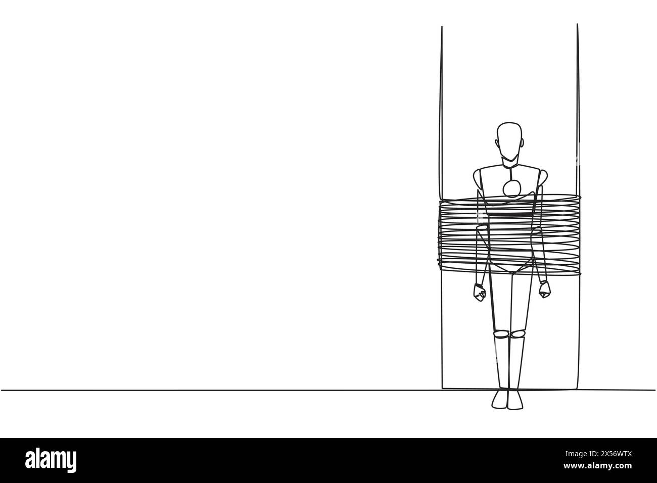 Continuous one line drawing the robot stands, its body tied to a large ...