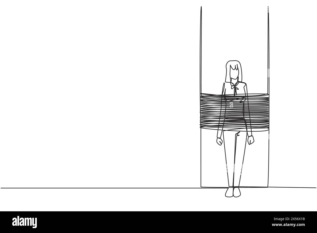 Single continuous line drawing businesswoman standing, tied to a large ...