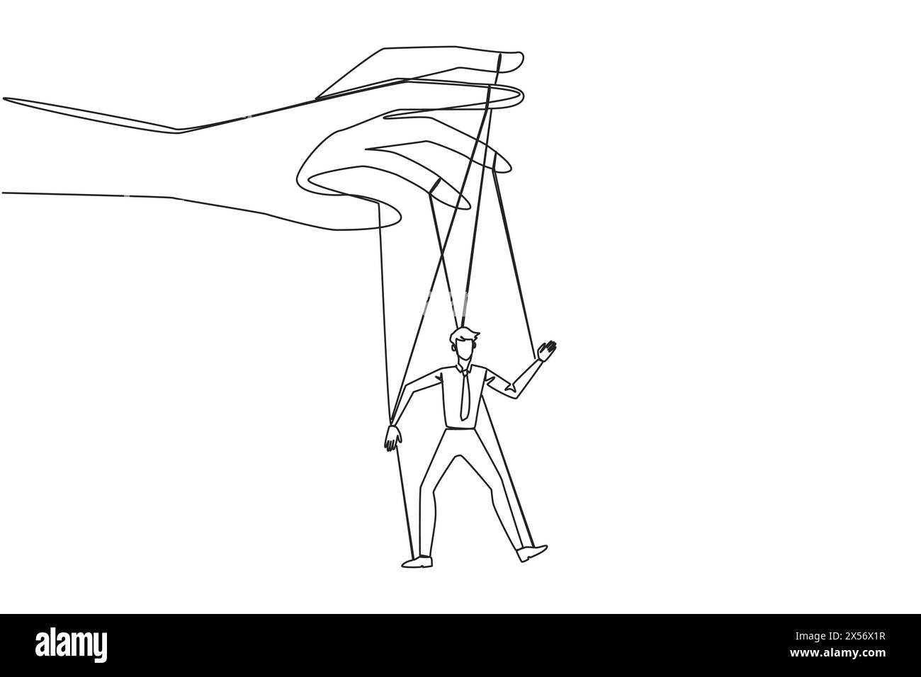 Continuous one line drawing businessman walks by being moved by ropes ...